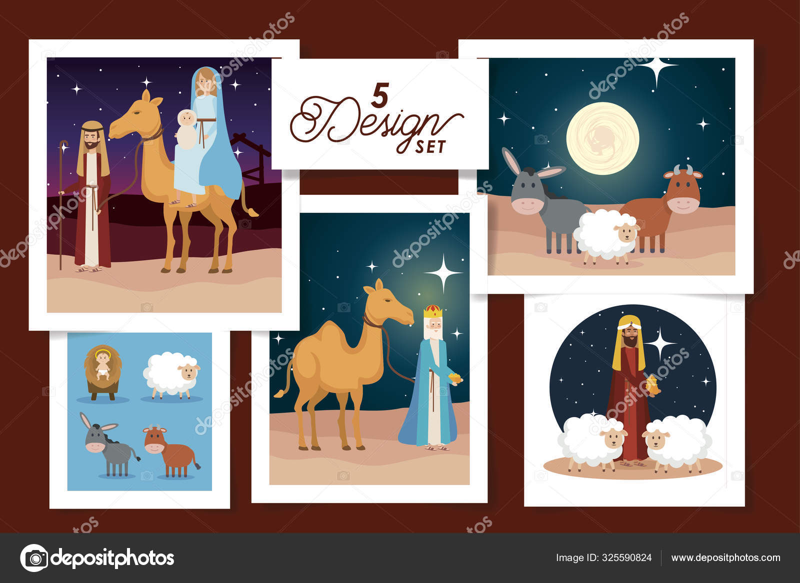 Cinco diseños de escenas de personajes de pesebre Vector de stock ...