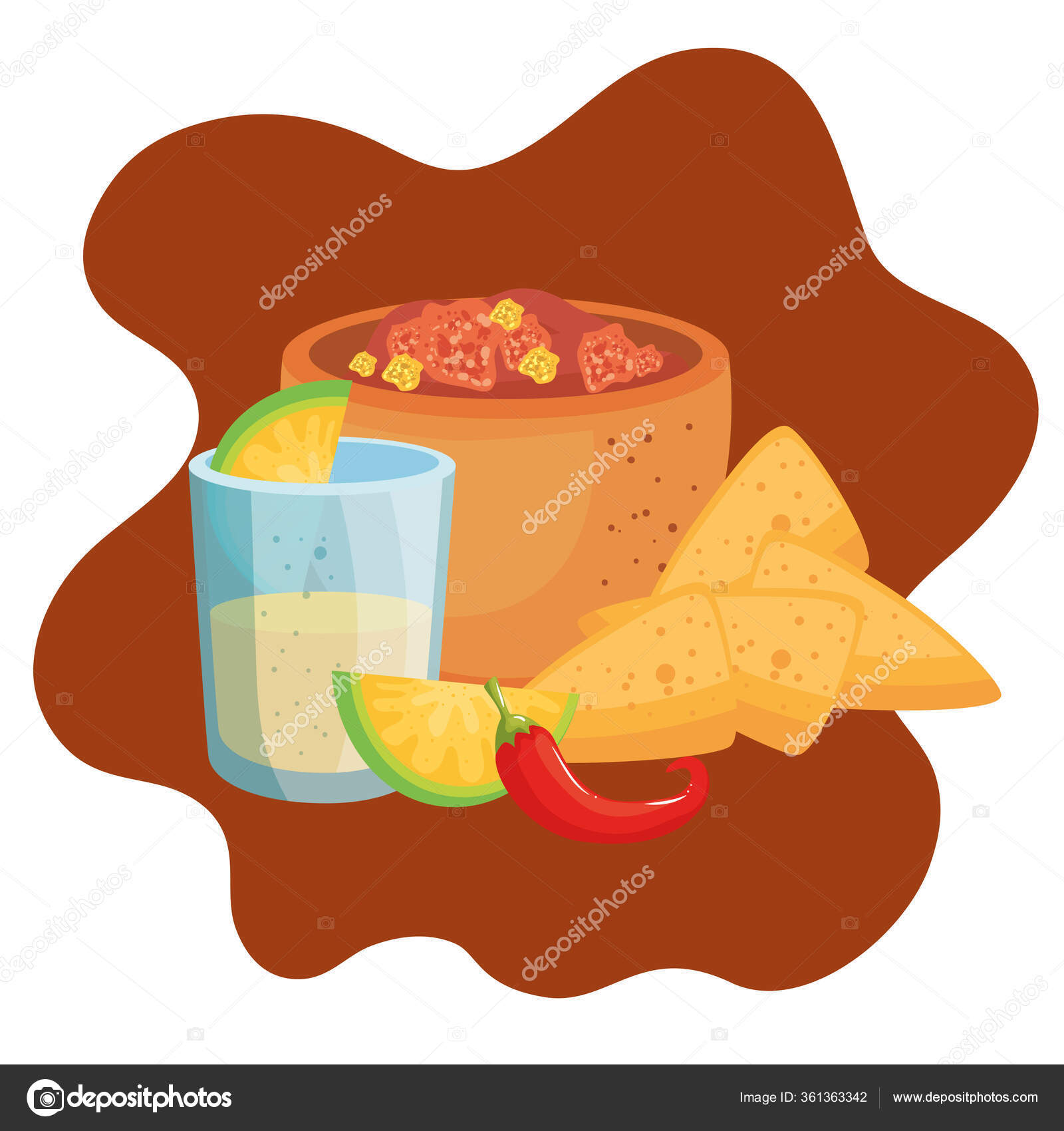 Mexican bowl nachos chilli and tequila shot with lemon vector design ...