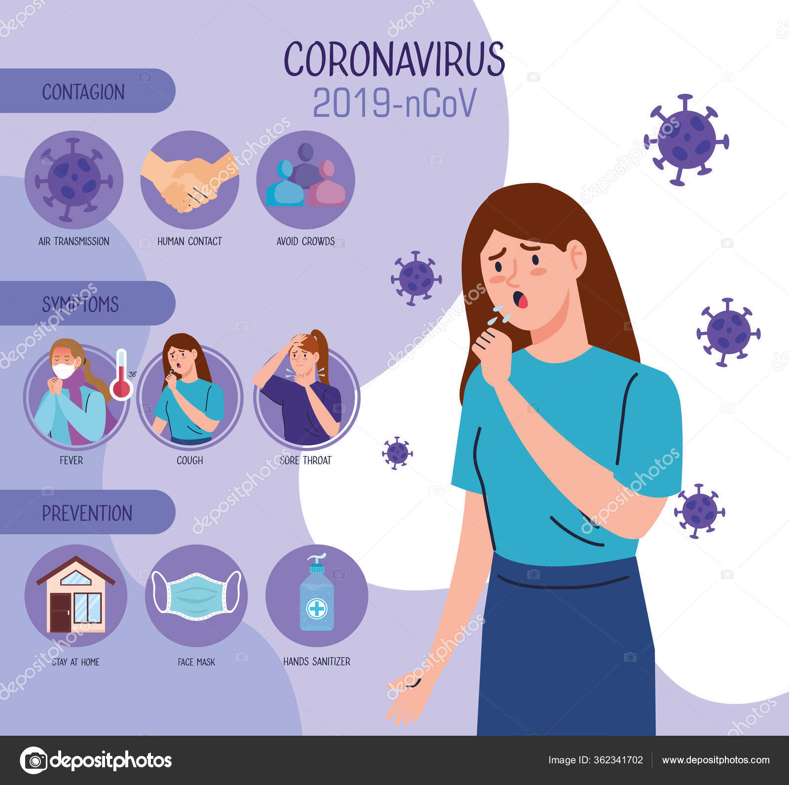 Woman with cough and infographic of coronavirus 2019 ncov and icons ...