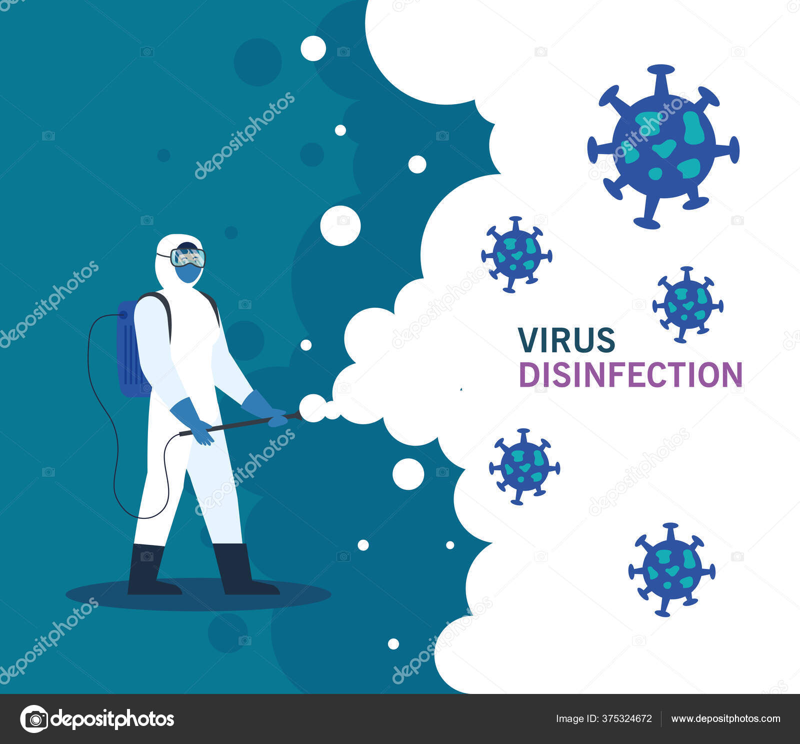Person with protective suit or spraying viruses and particles covid 19 ...