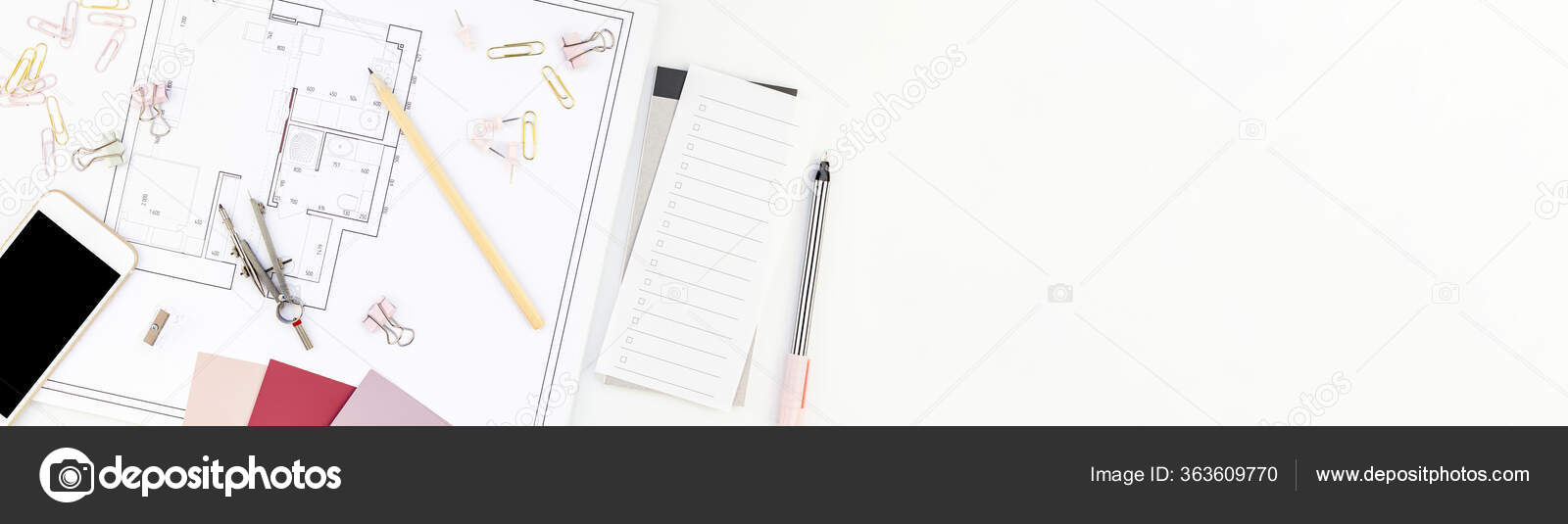 Blueprint Flat Project Plan Office Supplies Decorator Table Workspace ...