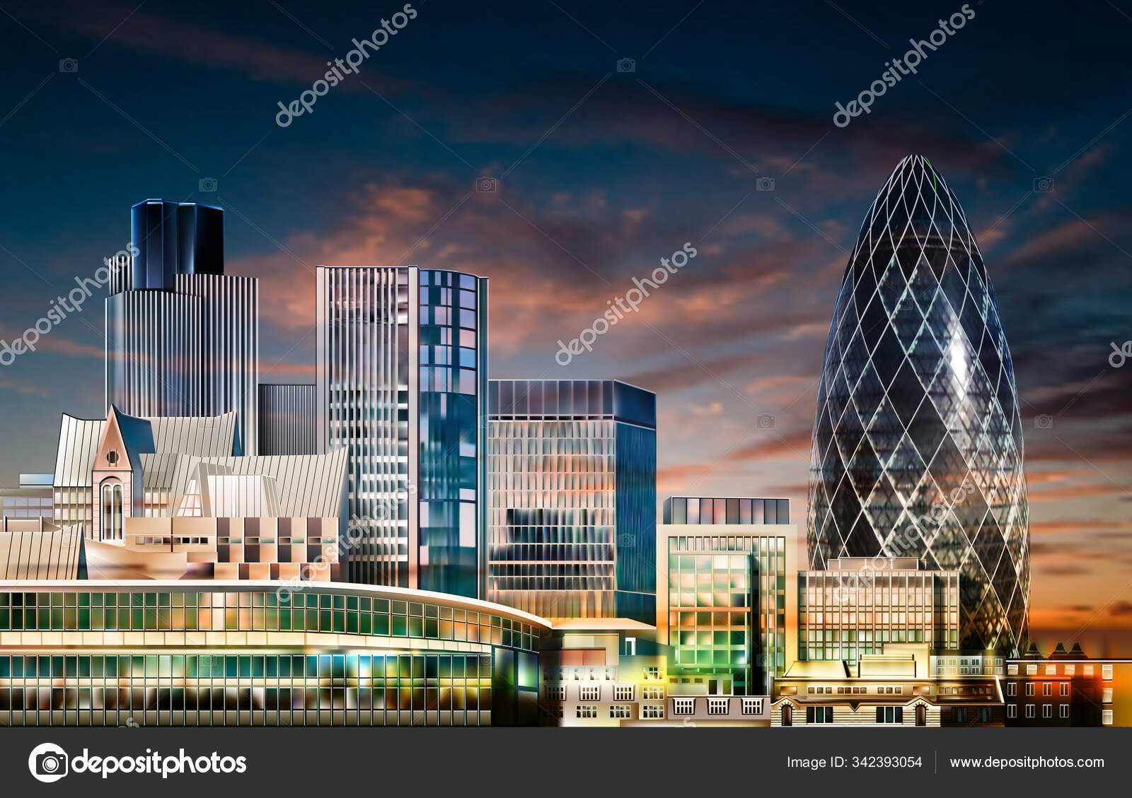 Abstract spring background with dark clouds and panorama of Lond Stock ...