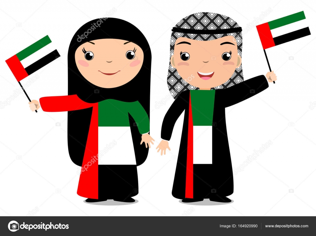 Smiling chilldren, boy and girl, holding a UAE flag isolated on white ...