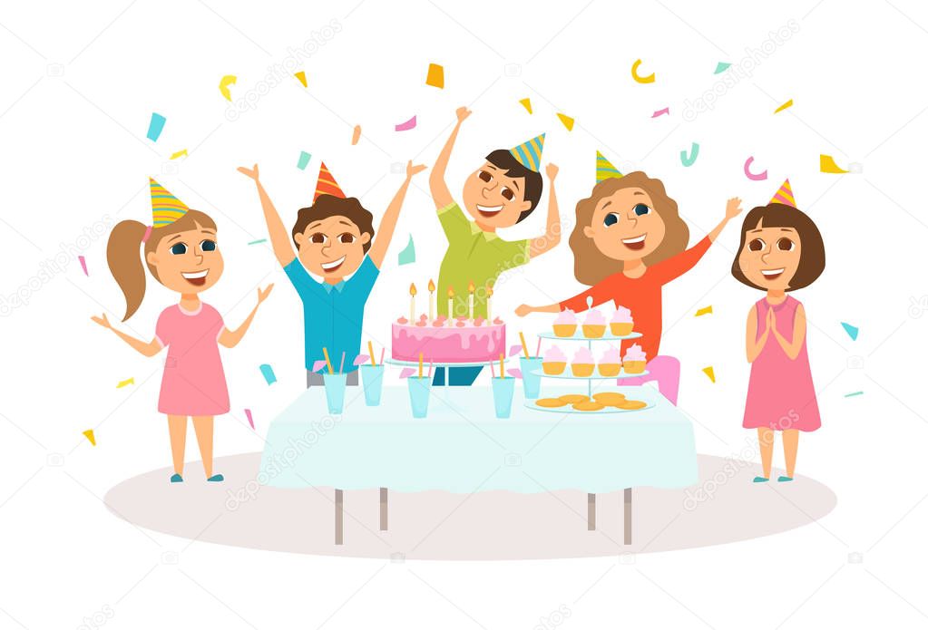 Dibujos: amigos en una fiesta | fiesta de cumpleaños de niños — Vector ...