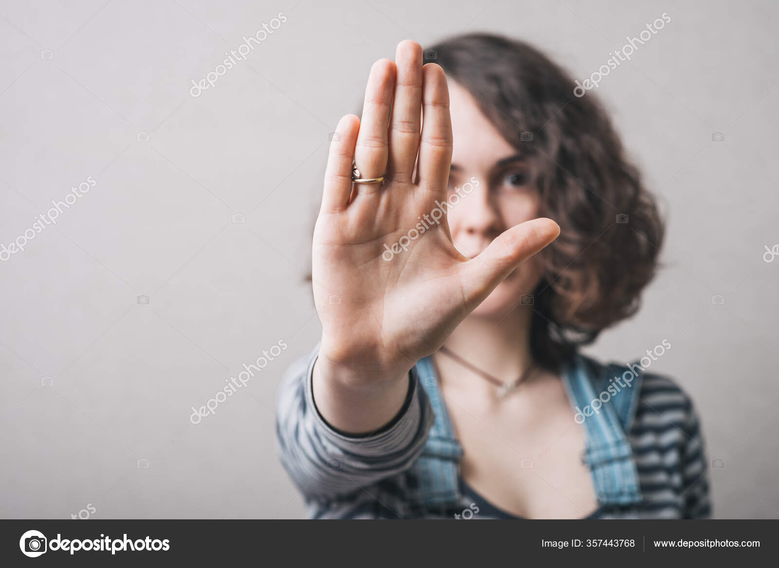 Woman Shows Gesture Stop Gray Background — Stock Photo © file404 #357443768