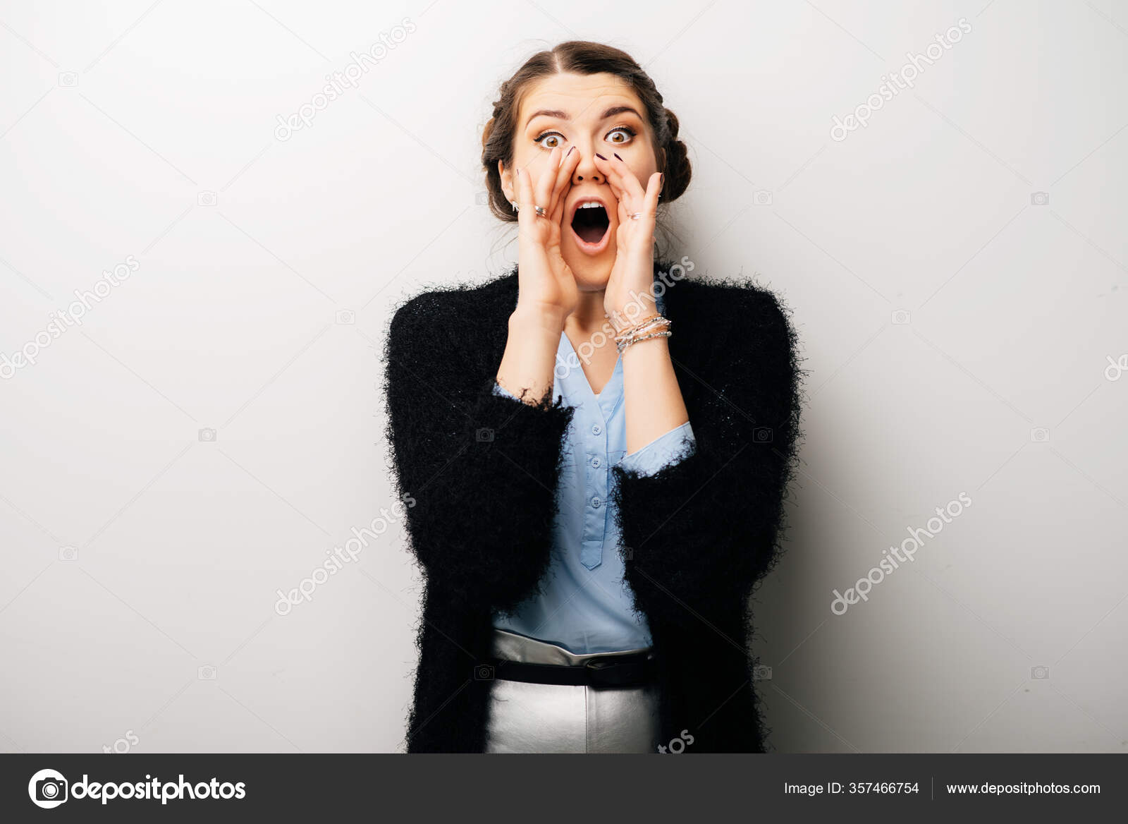 Woman Hands Mouth Calling Someone Shouts Isolated White Background ...