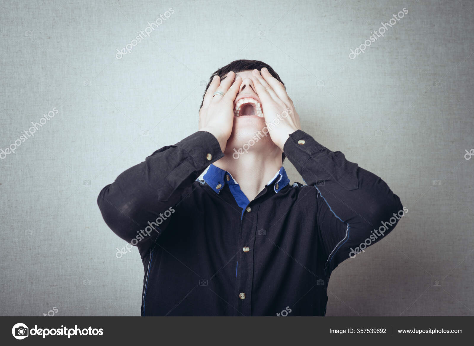 Hands Face Crying Man Gray Background Stock Photo by ©file404 357539692