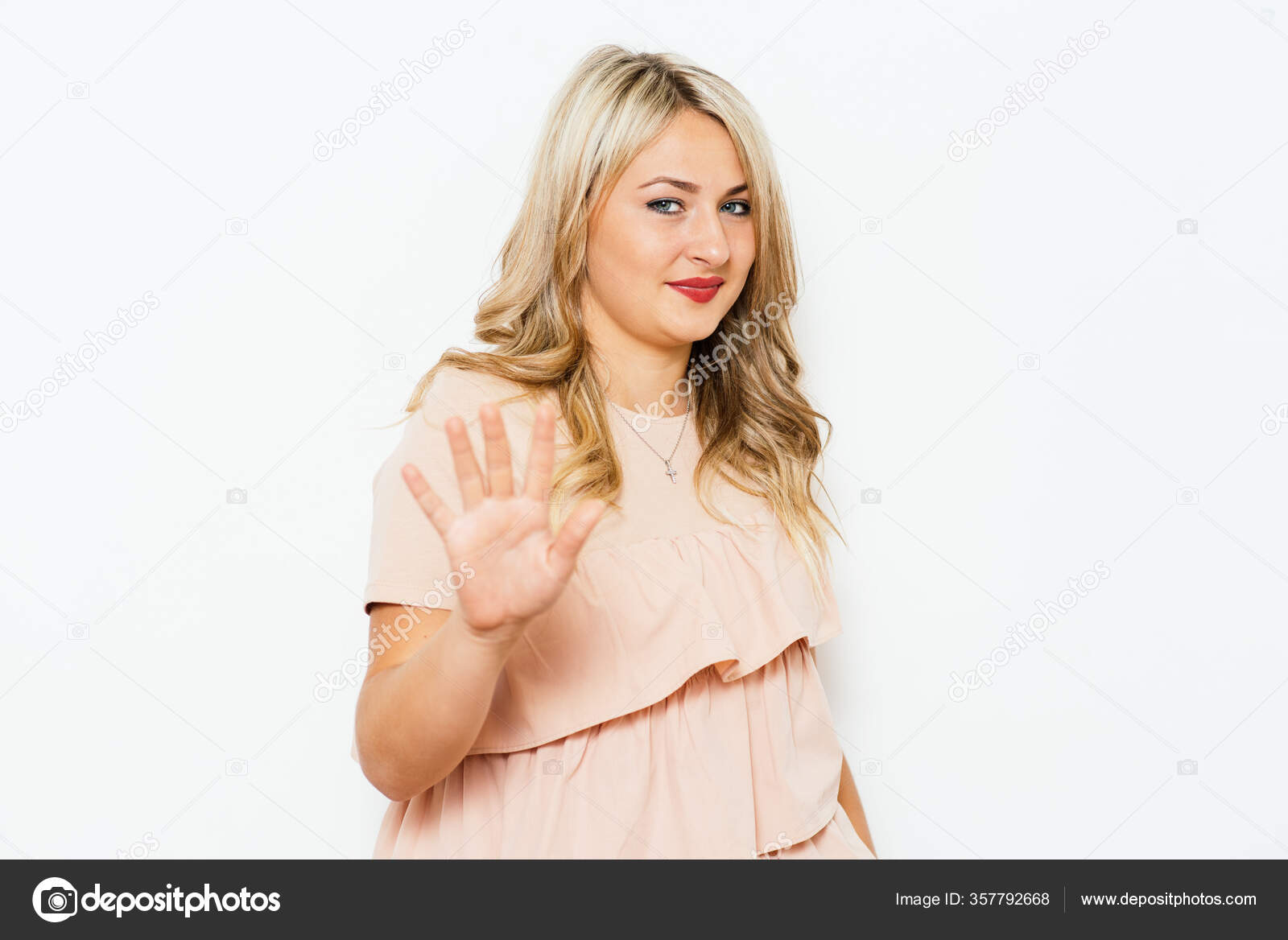 Stop Gesture Girl Studio Background — Stock Photo © file404 #357792668