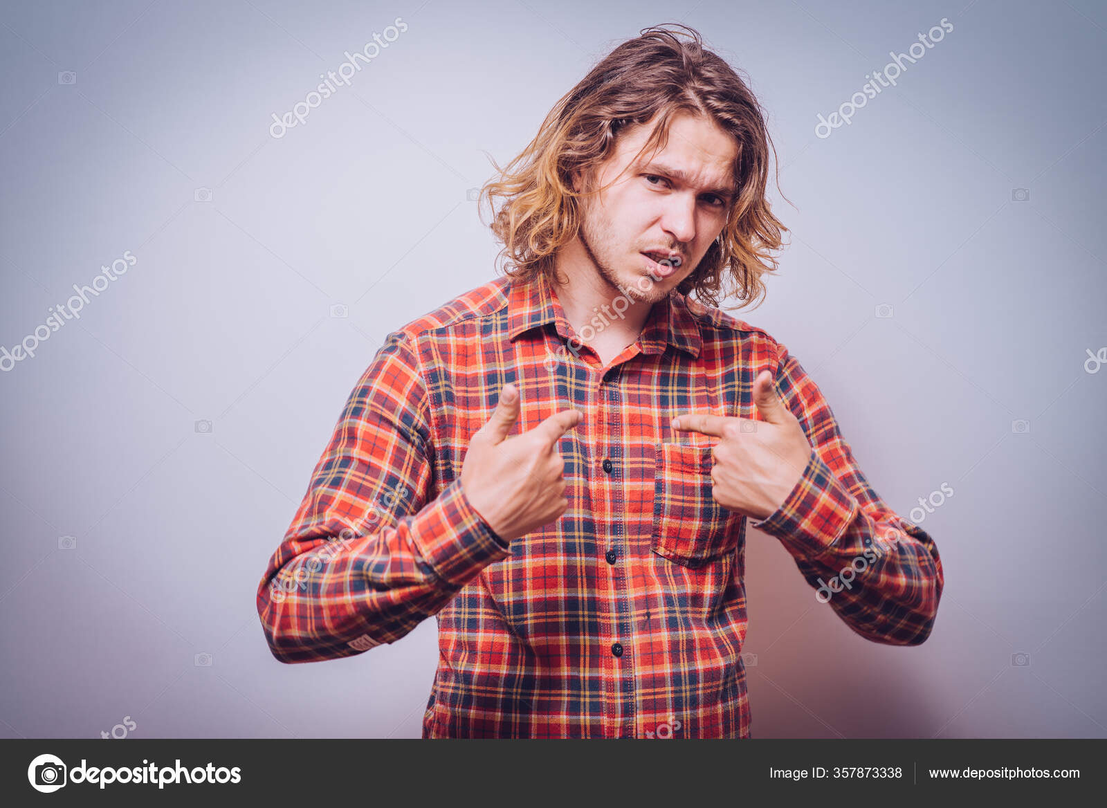 Male Hand Forefinger Pointing Himself Chest Gesture Who Gray Background ...