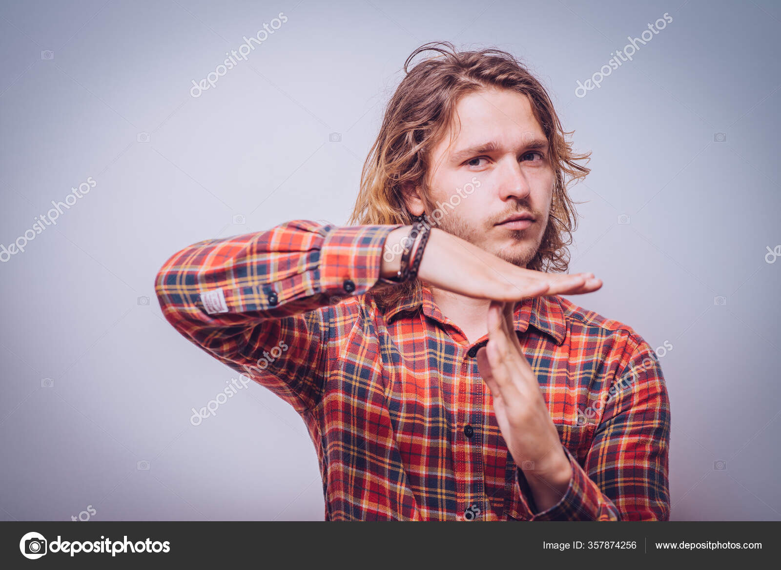 Man Shows Hands Stop Timeout Gray Background — Stock Photo © file404 ...