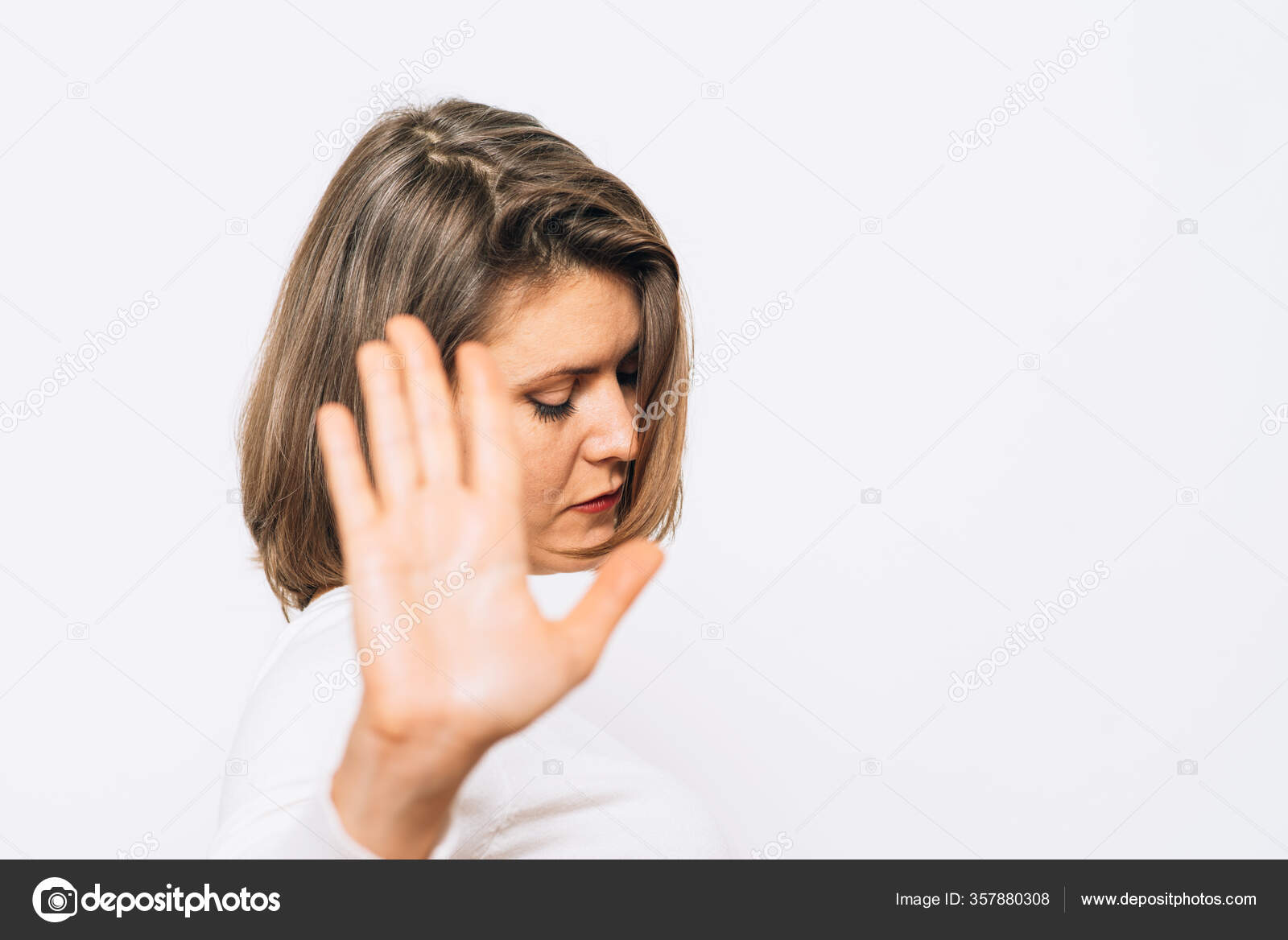 Stop Gesture Girl Studio Background — Stock Photo © file404 #357880308