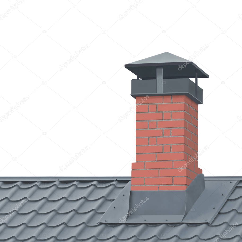 Chimenea de ladrillo rojo, Textura de techo de azulejos de acero gris ...