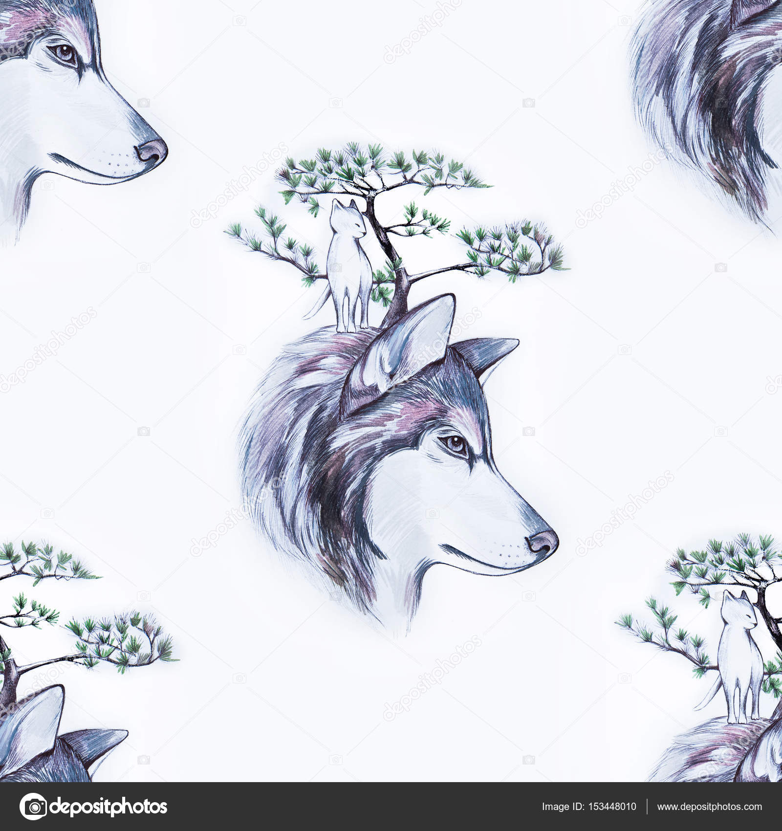Seamless pattern of a beautiful wolf head on a white background ...