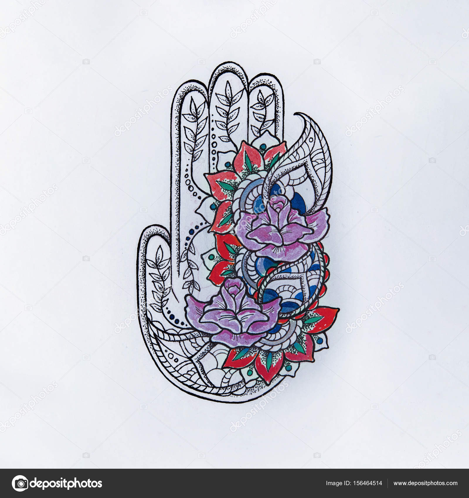 Sketch of hamsa with patterns on white background. — Stock Photo ...