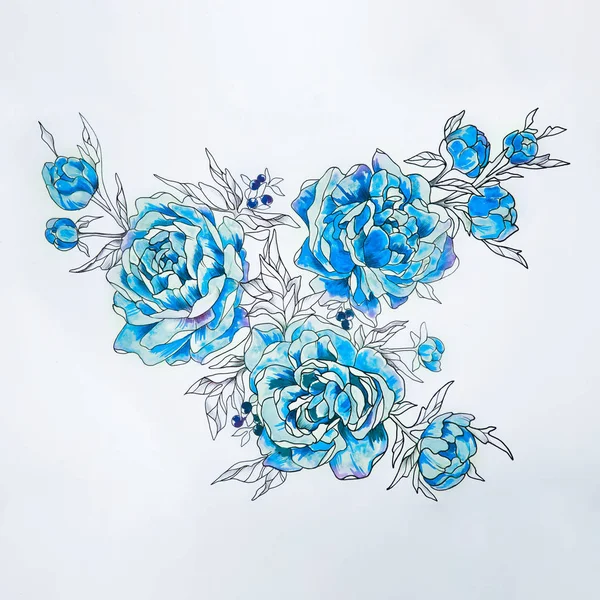 Sketch of a beautiful branch of blue peonies on a white background ...