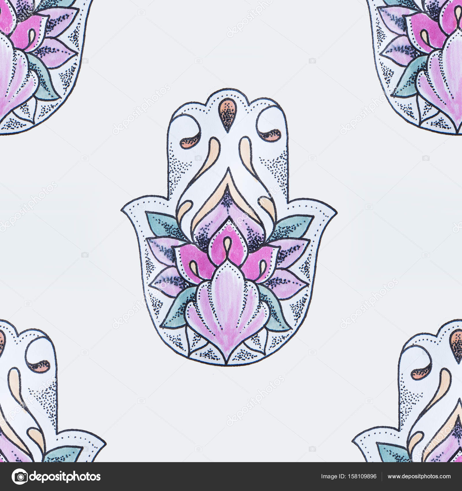Seamless pattern of hamsa in flowers on a white background. Stock Photo ...