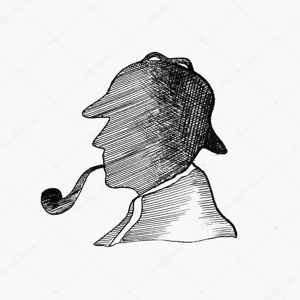 Silueta de dibujo de Sherlock Holmes con un tubo sobre fondo blanco. 2022