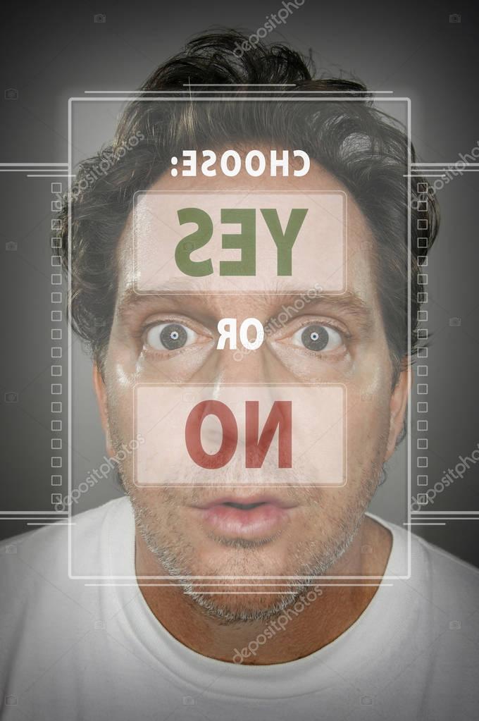 Dumbfounded Looking Man In Front of Touch Screen Choosing Yes of Stock ...