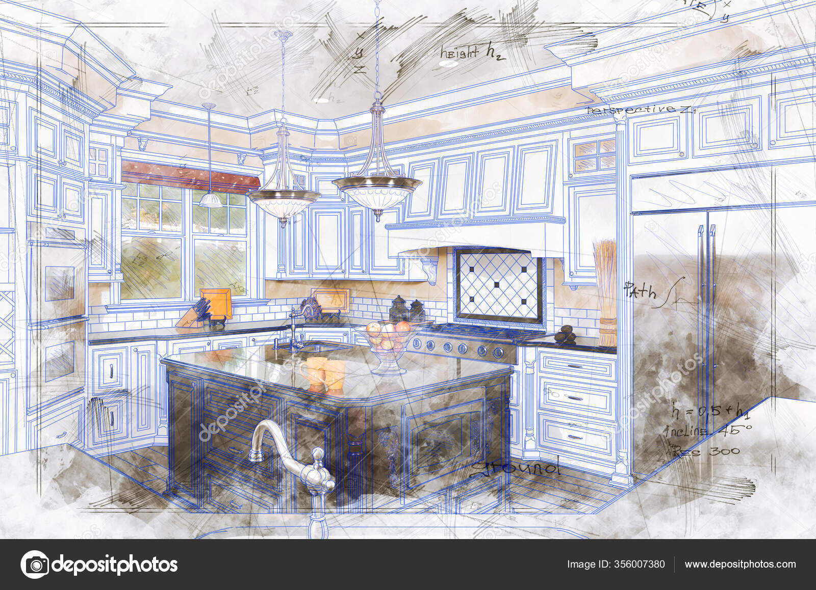Beautiful Custom Kitchen Design Drawing Illustration Details Stock ...