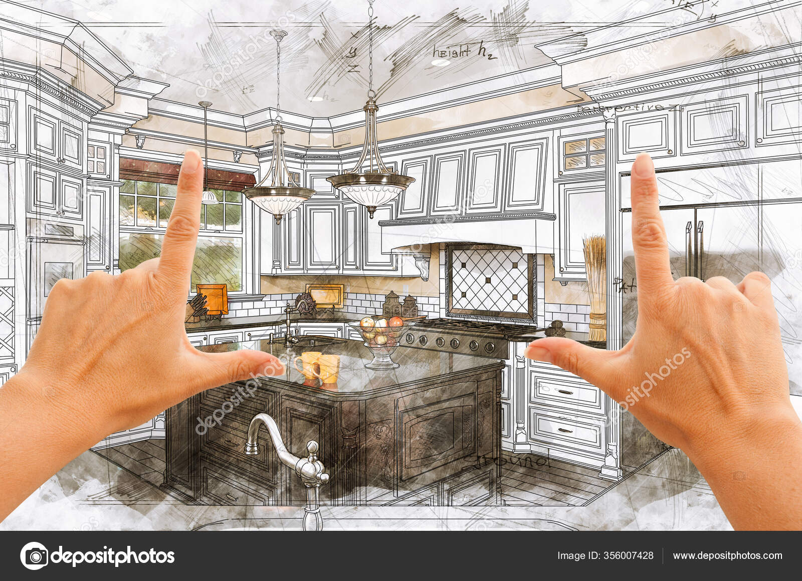 Hands Framing Custom Kitchen Design Drawing Details — Stock Photo ...