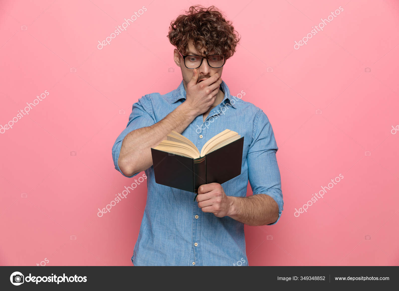Shocked Guy Holding Hand Mouth Reading Book Standing Pink Background ...