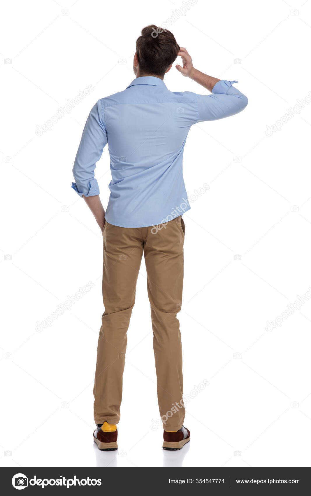 Rear View Confused Casual Man Scratching His Head While Wearing Stock ...