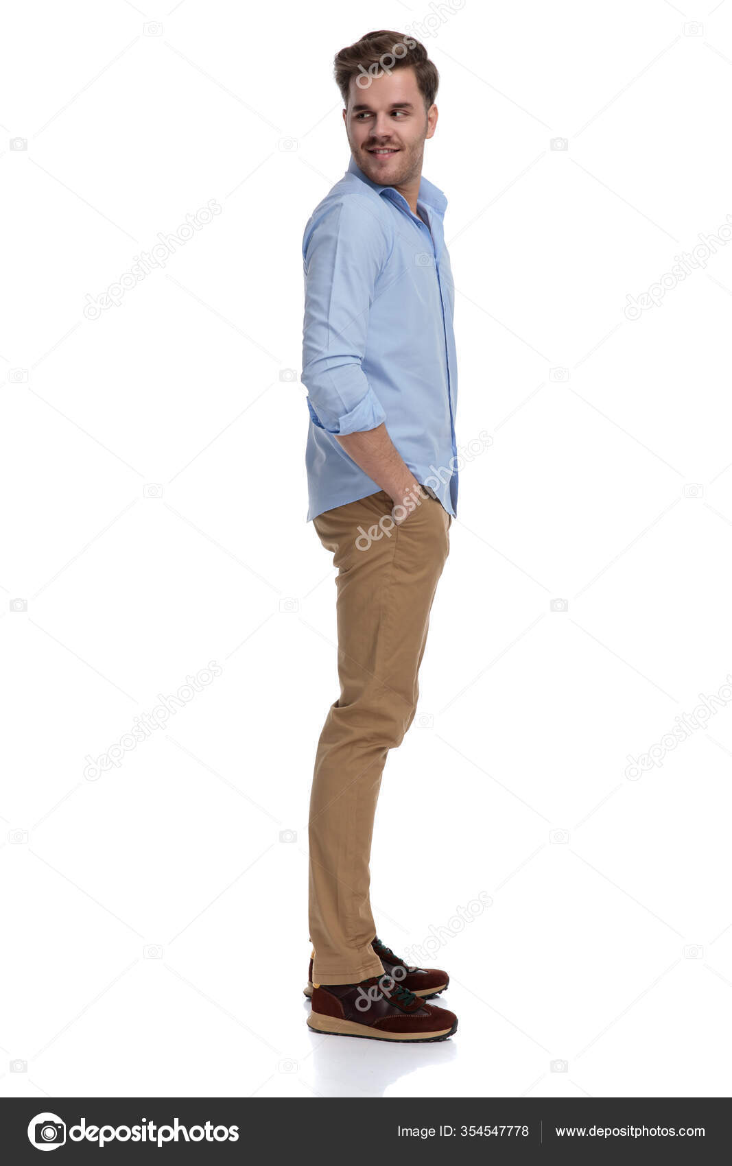 Side View Happy Casual Man Looking Shoulder Hands Pockets While Stock ...