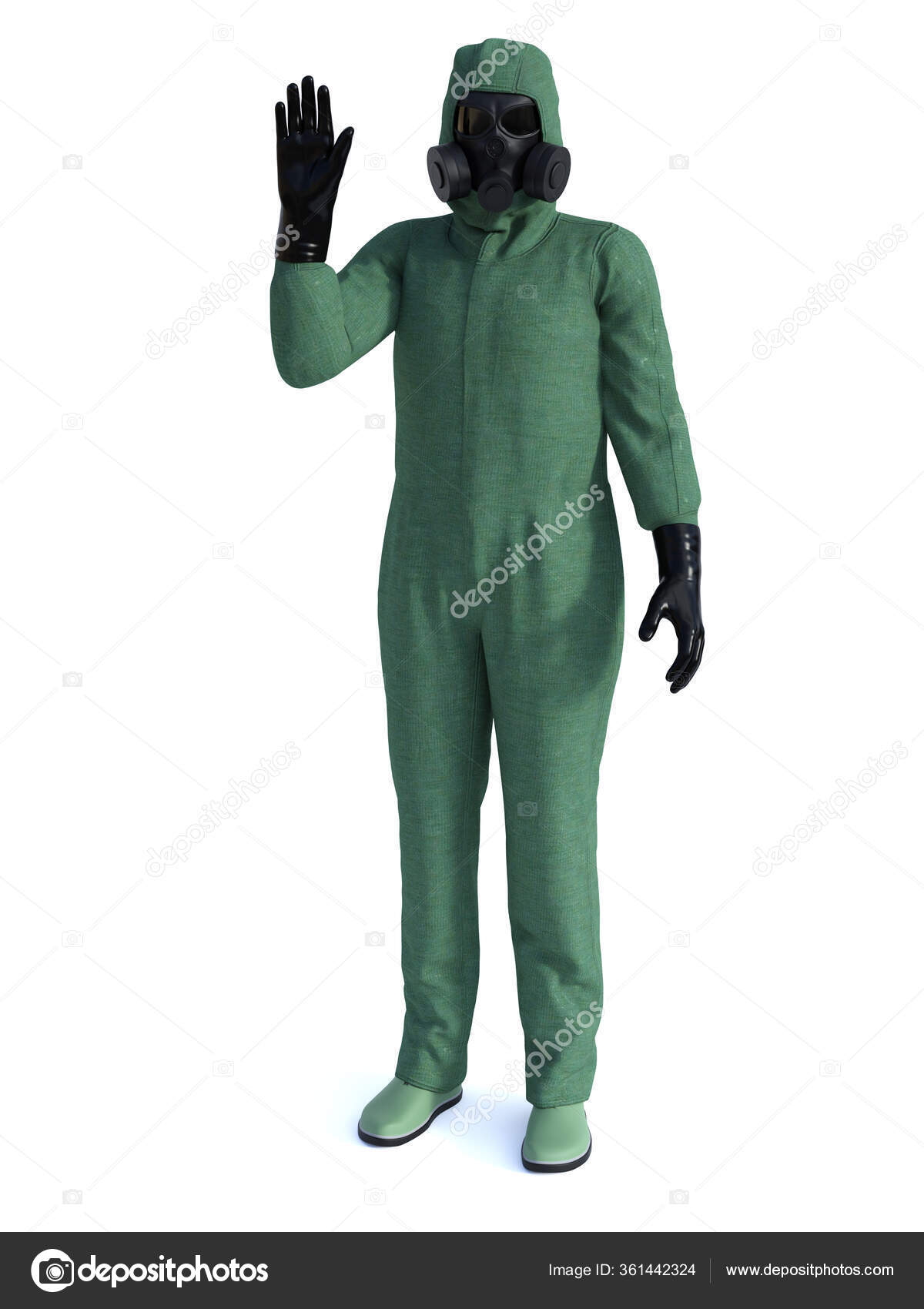 Rendering Person Wearing Green Hazmat Suit Holding His Hand Saying ...