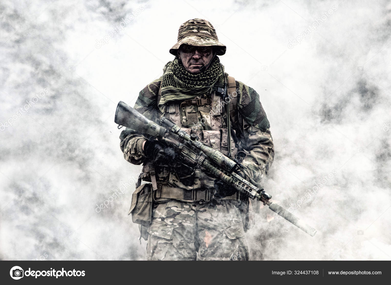 Brutal commando veteran army soldier armed sniper rifle — Stock Photo ...