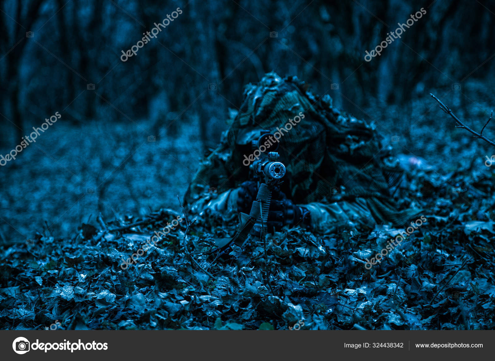 Army military sniper hiding on ground in forest leaves Stock Photo by ...