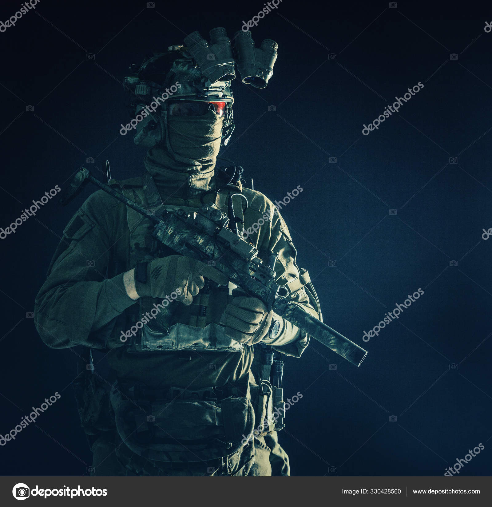 Portrait of elite commando fighter in darkness — Stock Photo © zabelin ...