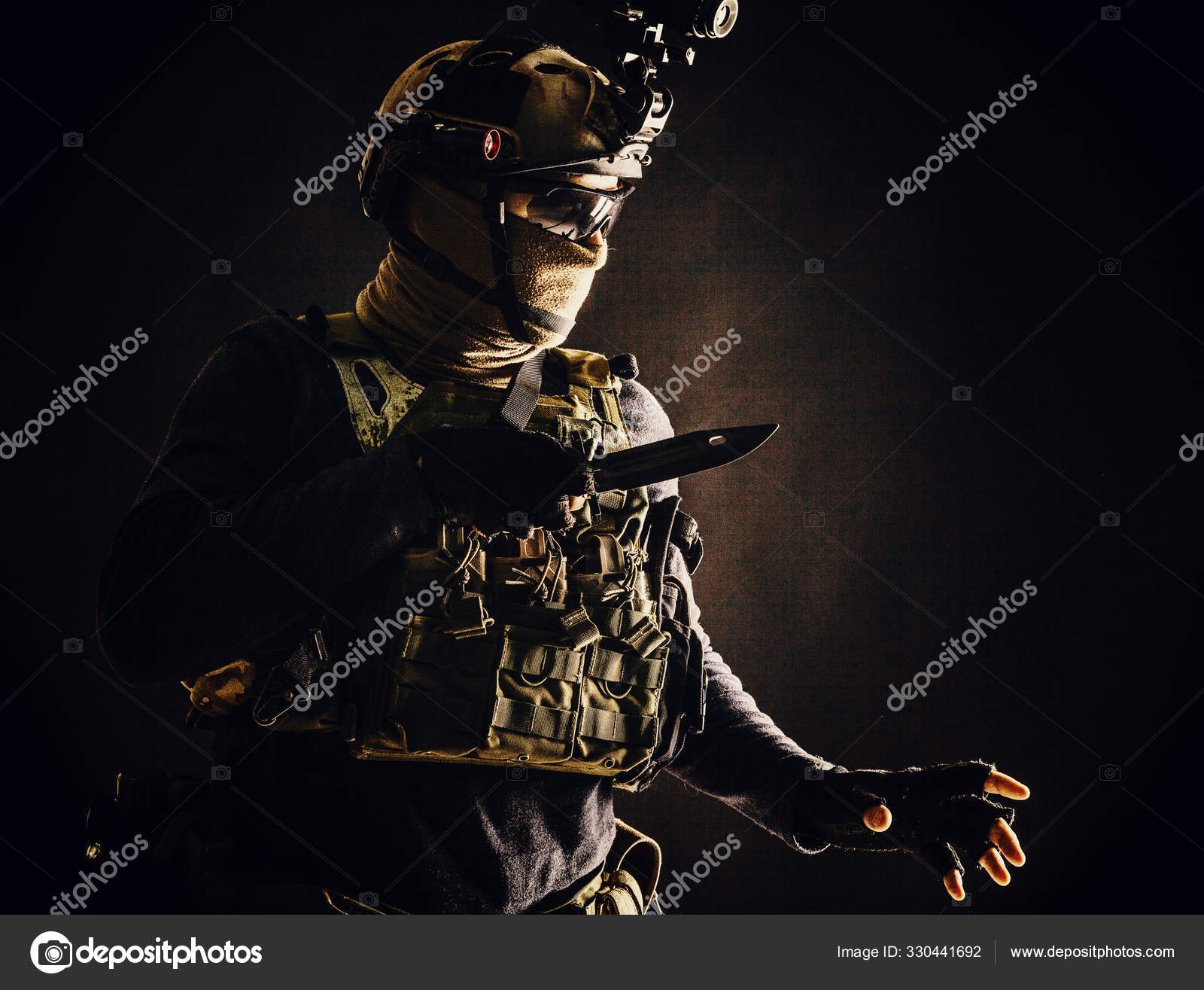 Commando fighter creeping in darkness with knife — Stock Photo ...