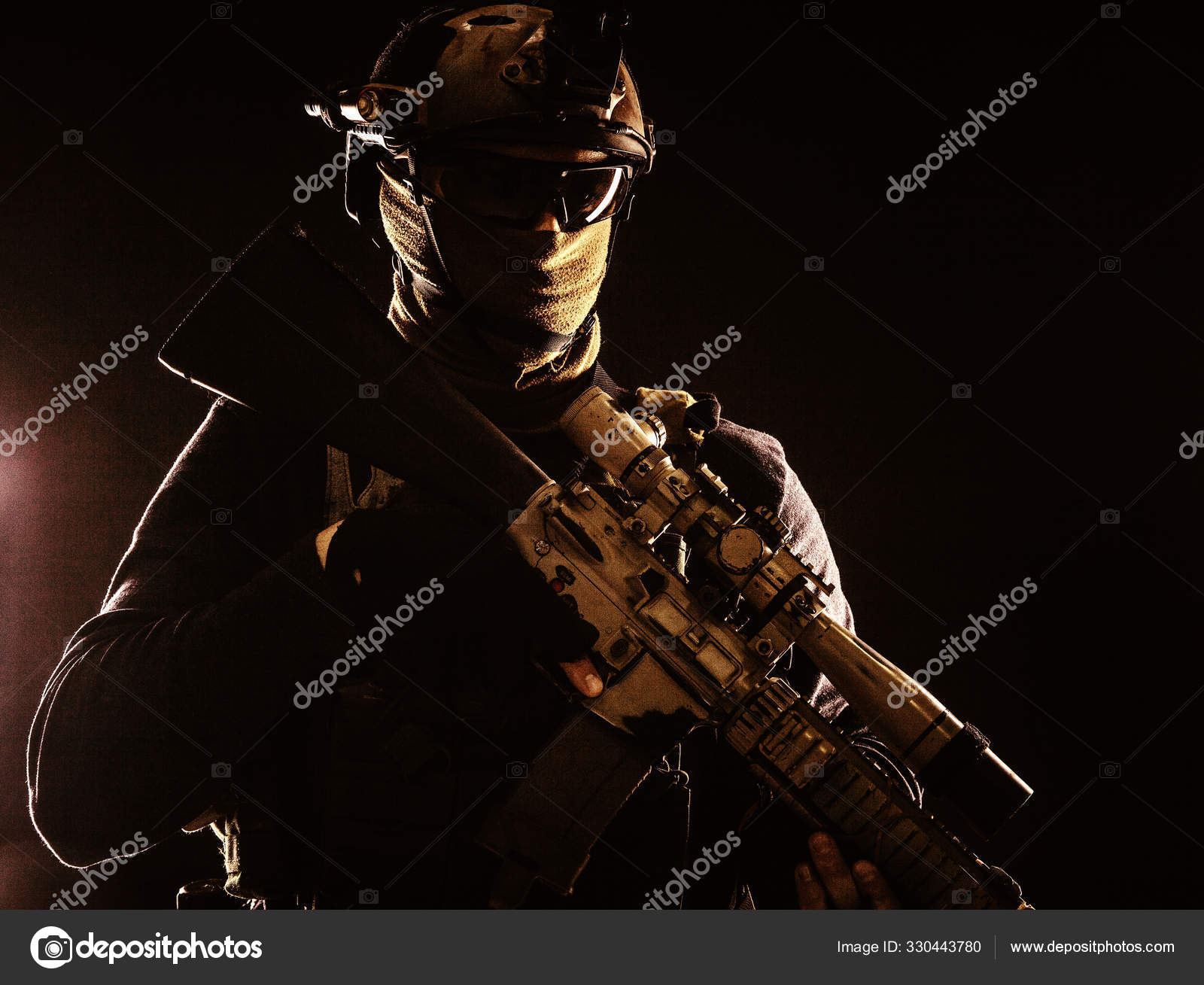 Army marksman with sniper rifle in darkness — Stock Photo © zabelin ...