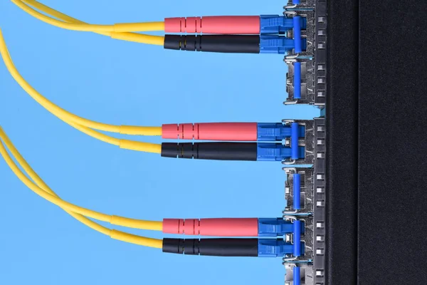 Optical cables connectec to switch in data center - Stock Image ...