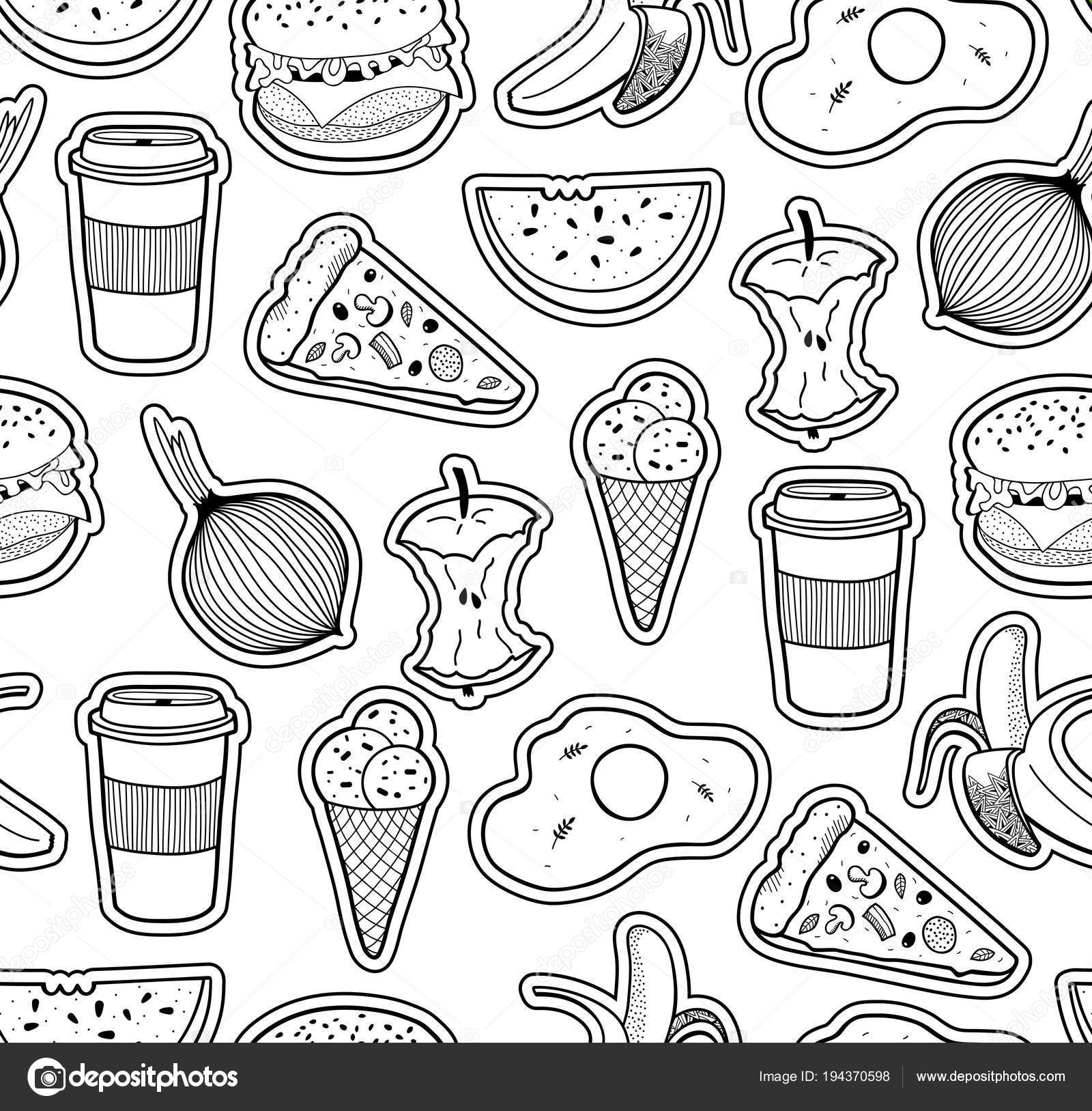 Black White Seamless Illustration Food Vector Pattern Coloring Book ...