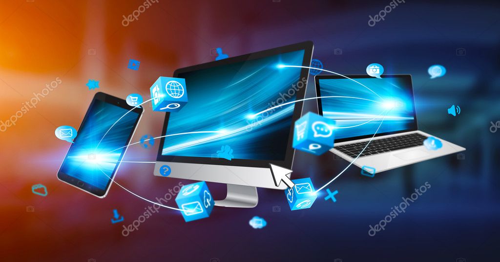 Tech devices and icons applications connected to each other Stock Photo ...