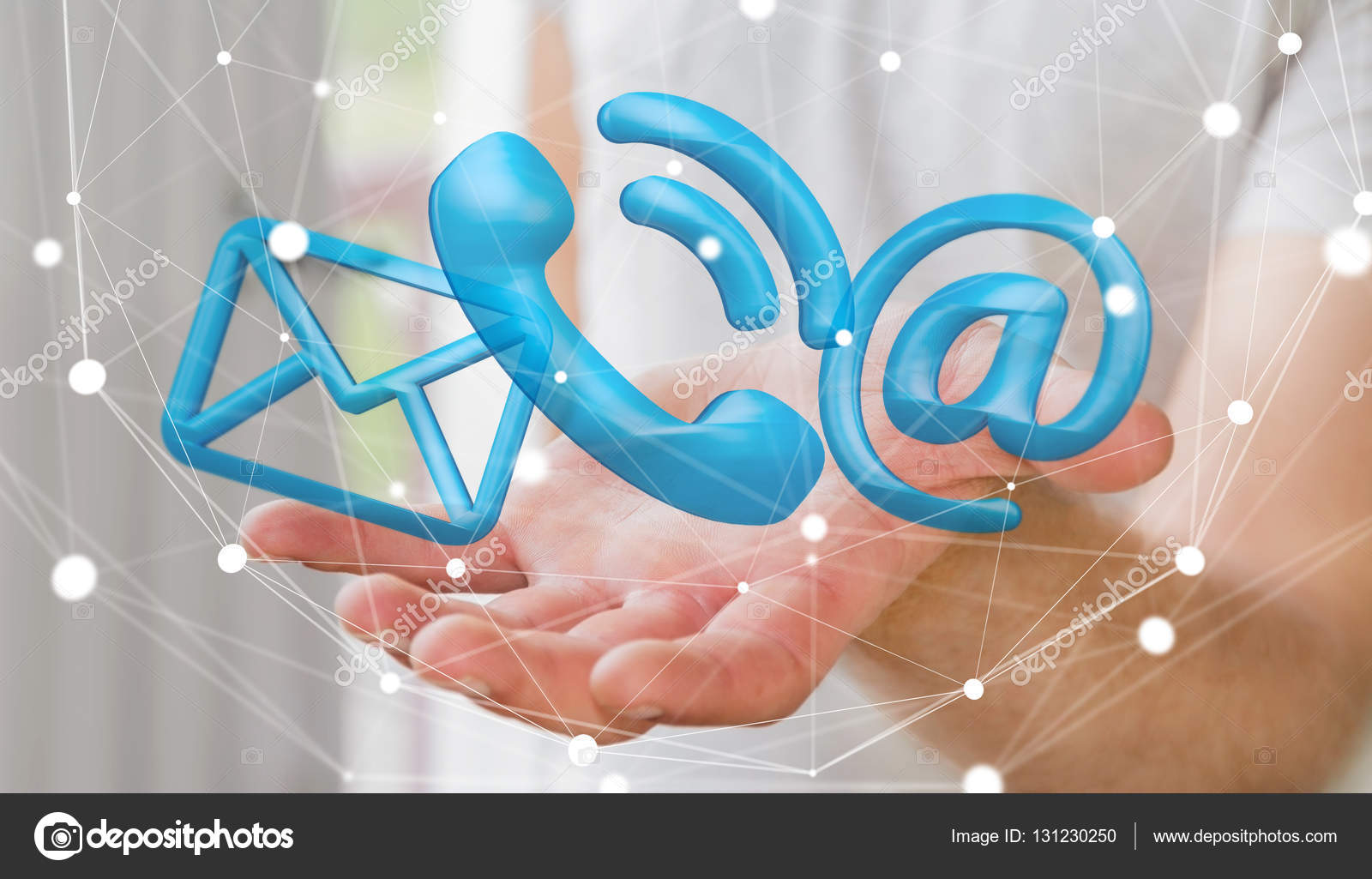 Businessman holding 3D rendering contact icon in his hand Stock Photo ...