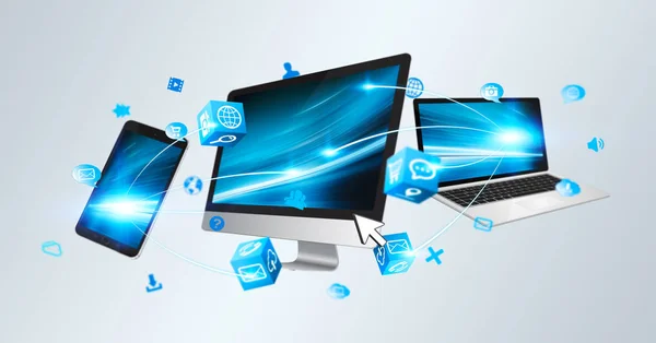 Tech devices and icons applications connected to each other Stock Photo ...