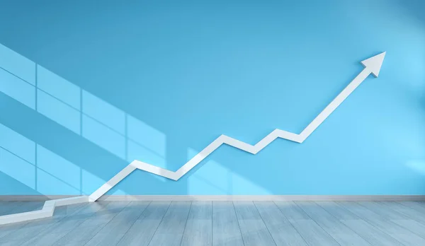 White arrow going up on blue wall 3D rendering - Stock Image - Everypixel