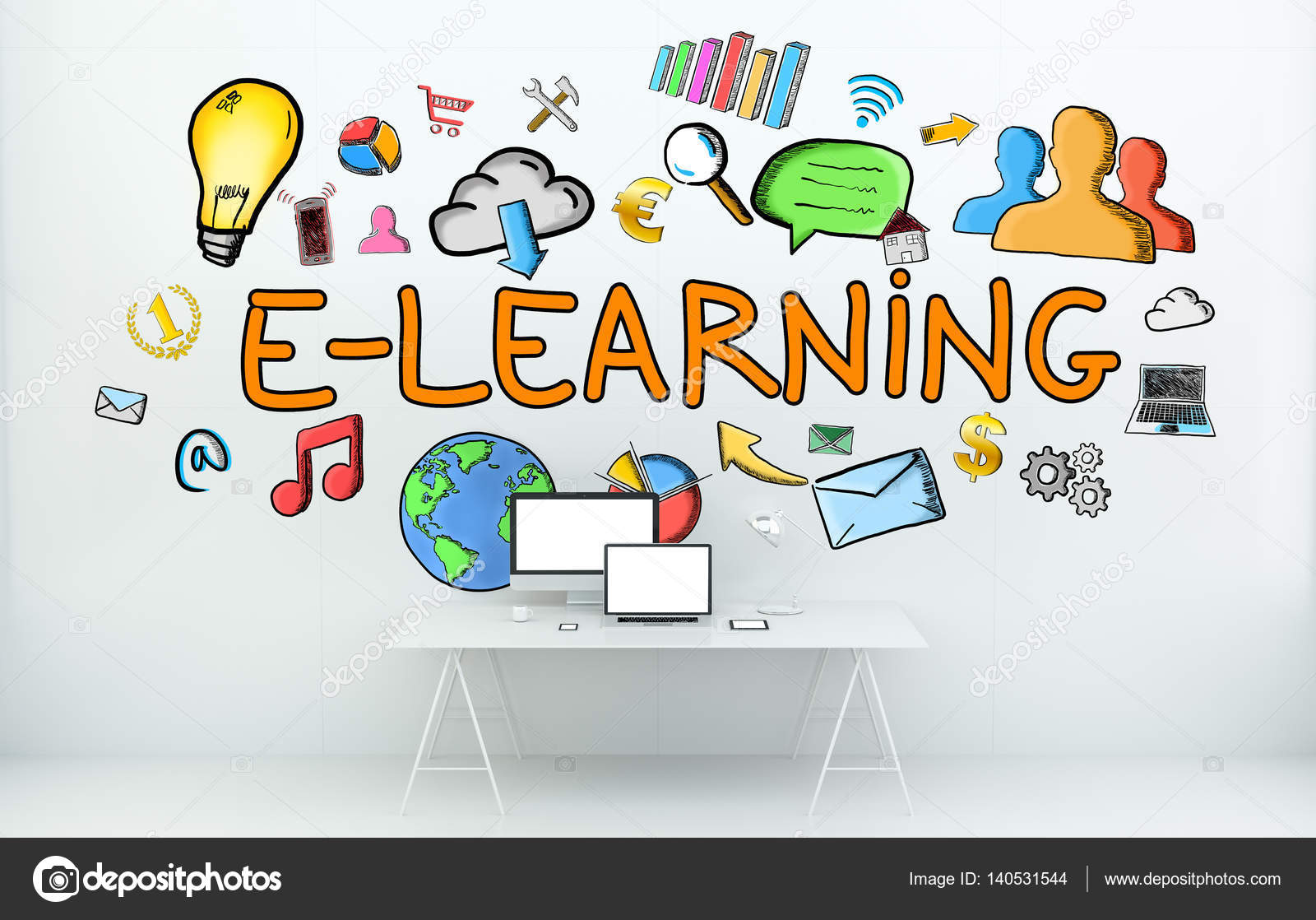 E-learning hand drawn concept in office 3D rendering — Stock Photo ...