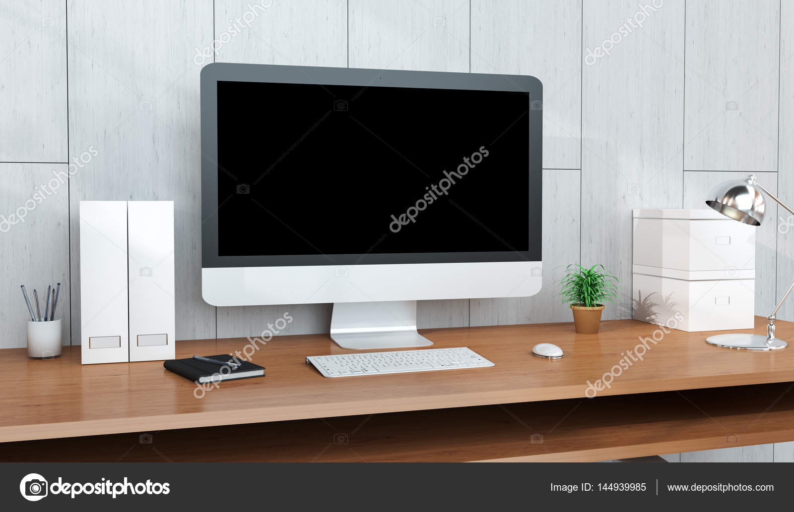 Modern workplace interior with computer and devices 3D rendering ...