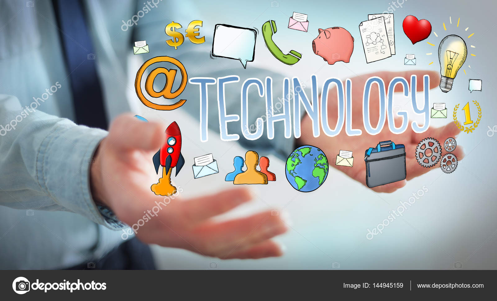 Businessman using hand-drawn multimedia technology presentation — Stock ...