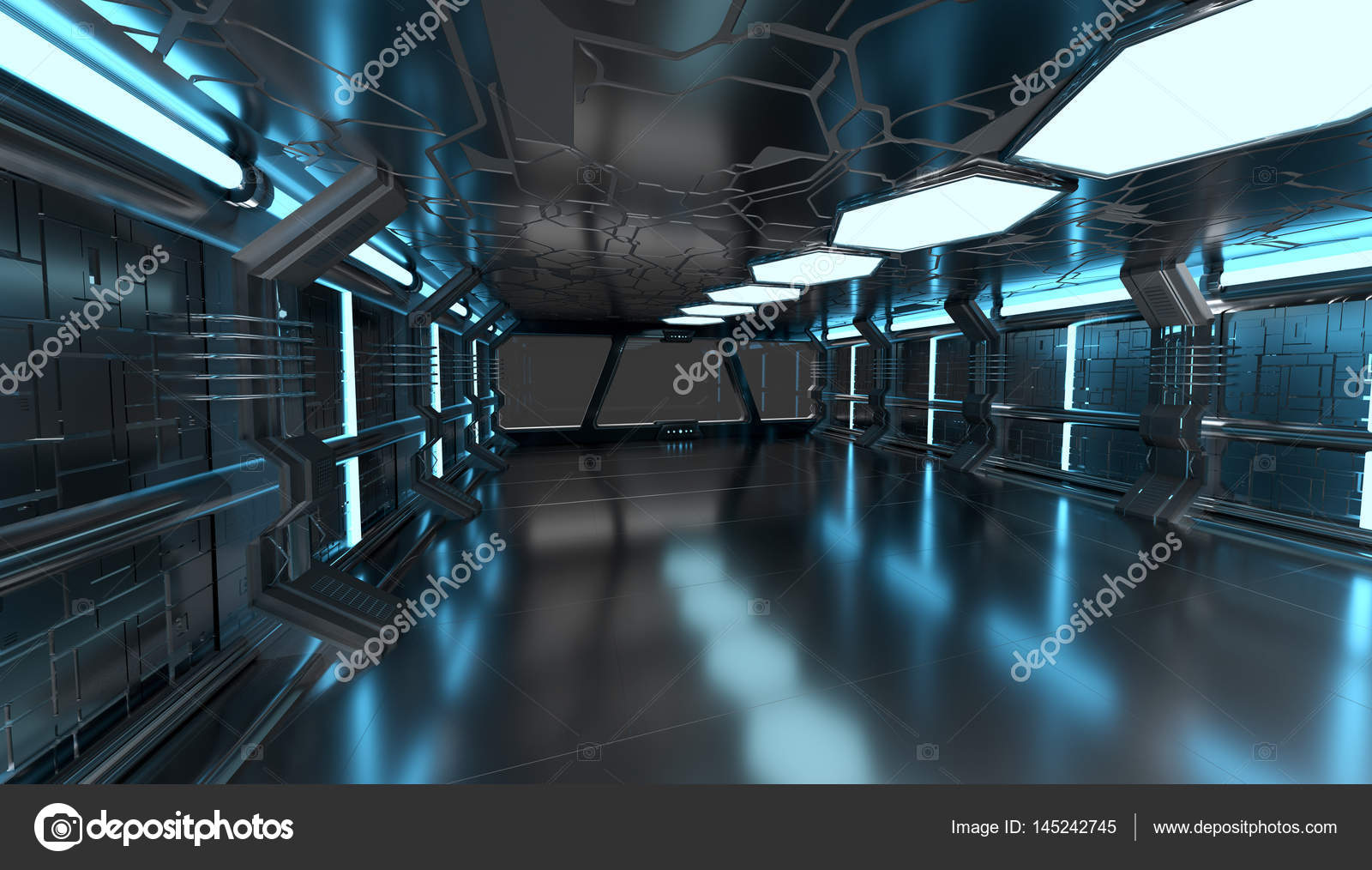 Spaceship blue interior with empty window 3D rendering elements Stock ...