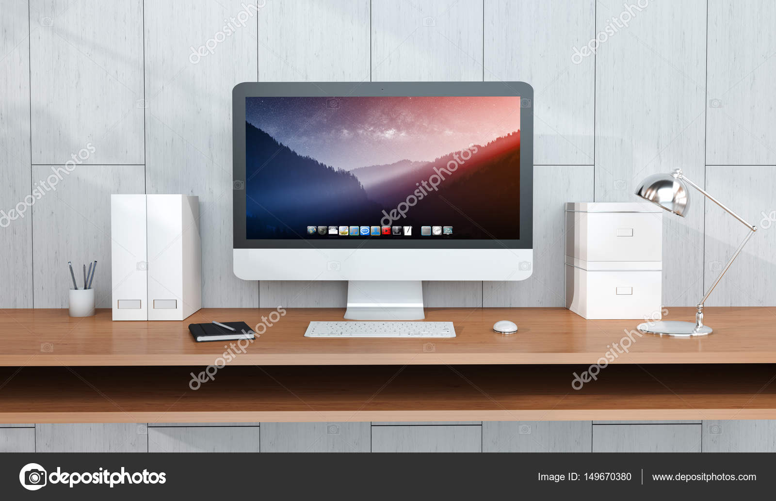 Modern workplace interior with computer and devices 3D rendering ...