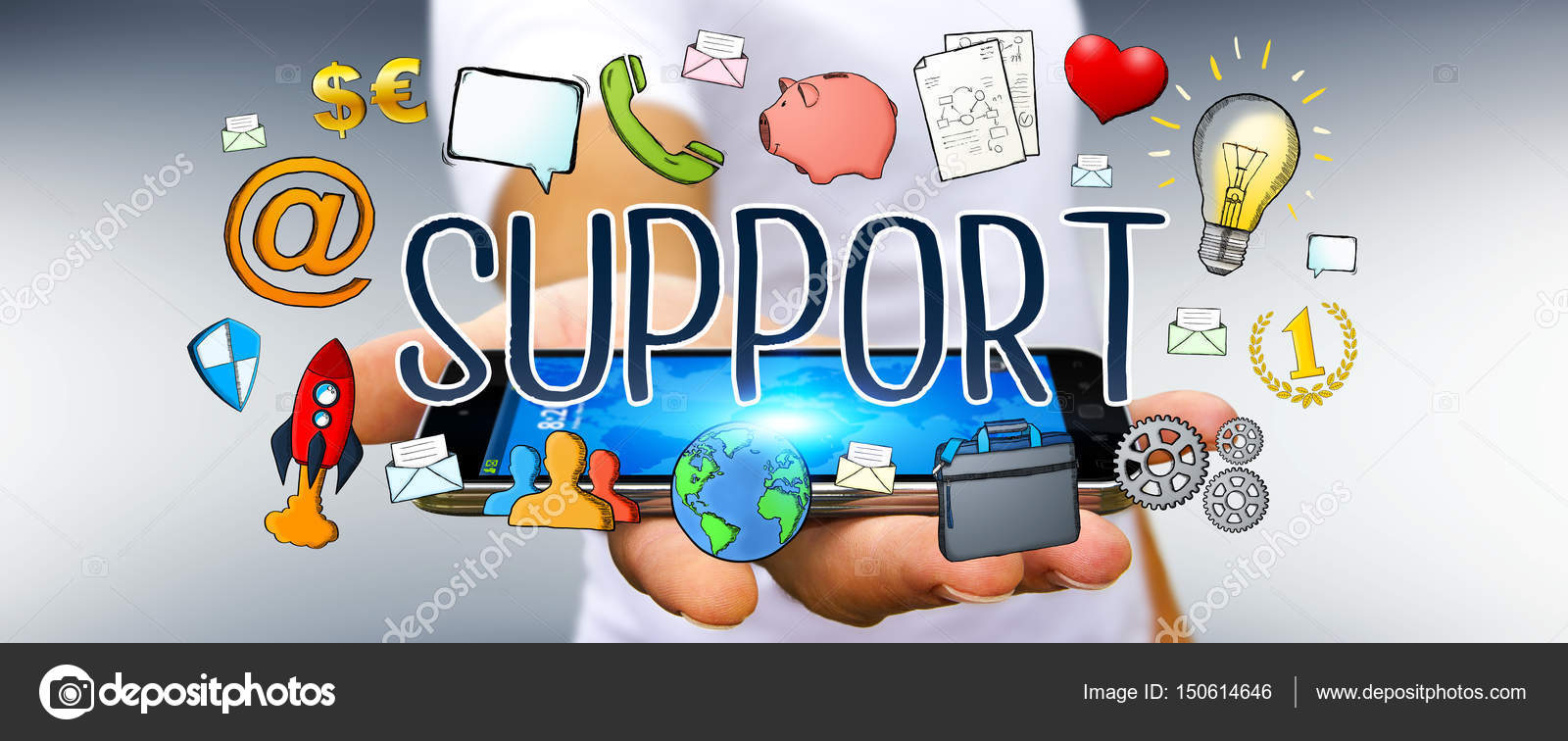 Businessman using hand-drawn support text presentation — Stock Photo ...