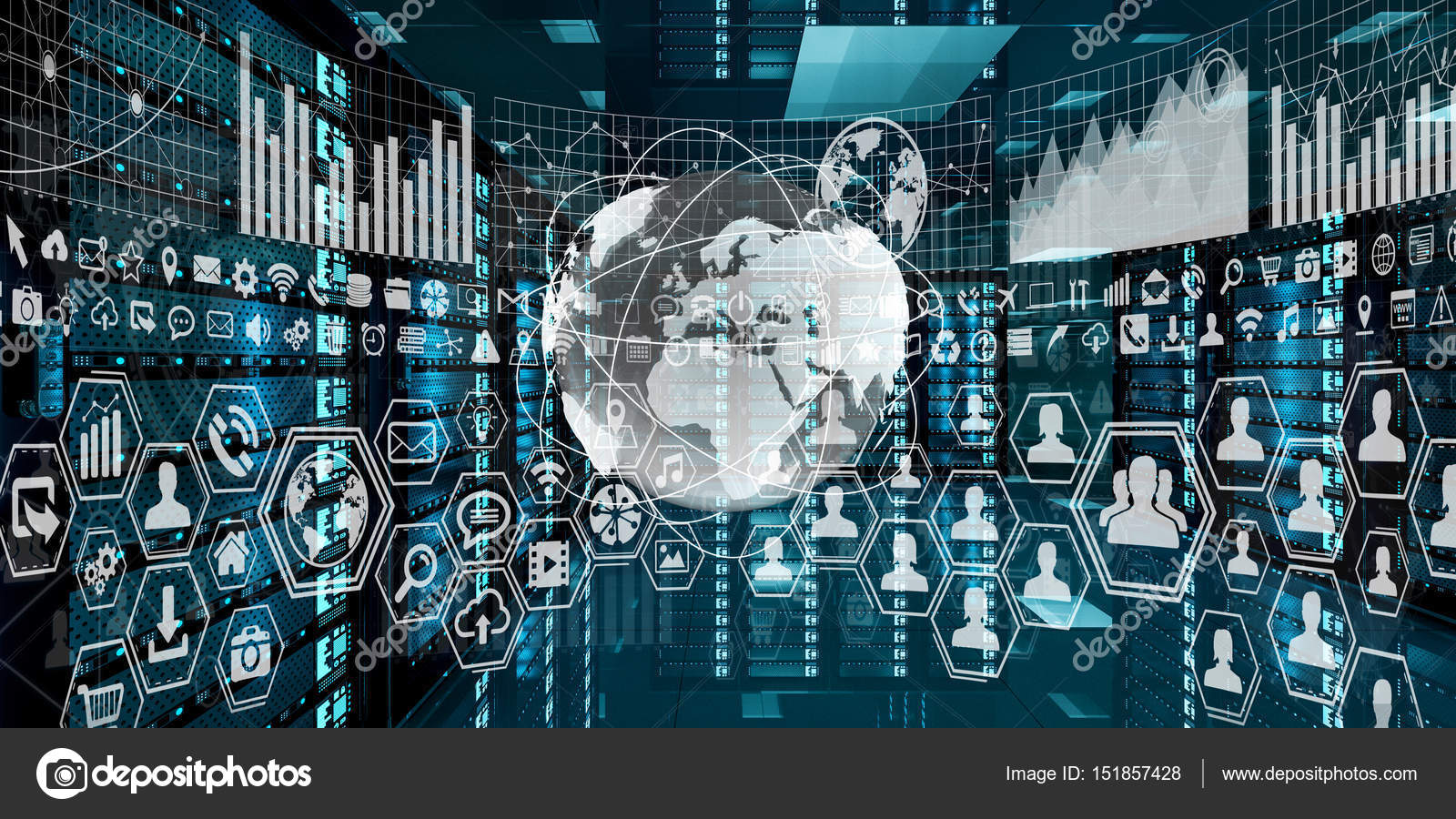 Graph holograms flying over server room data center 3D rendering ...