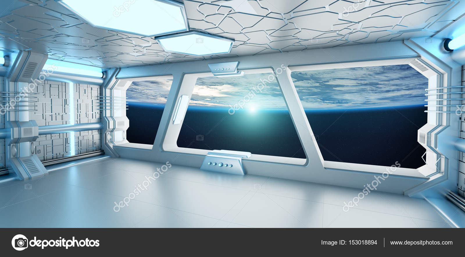Spaceship interior with view on the planet Earth 3D rendering el Stock ...