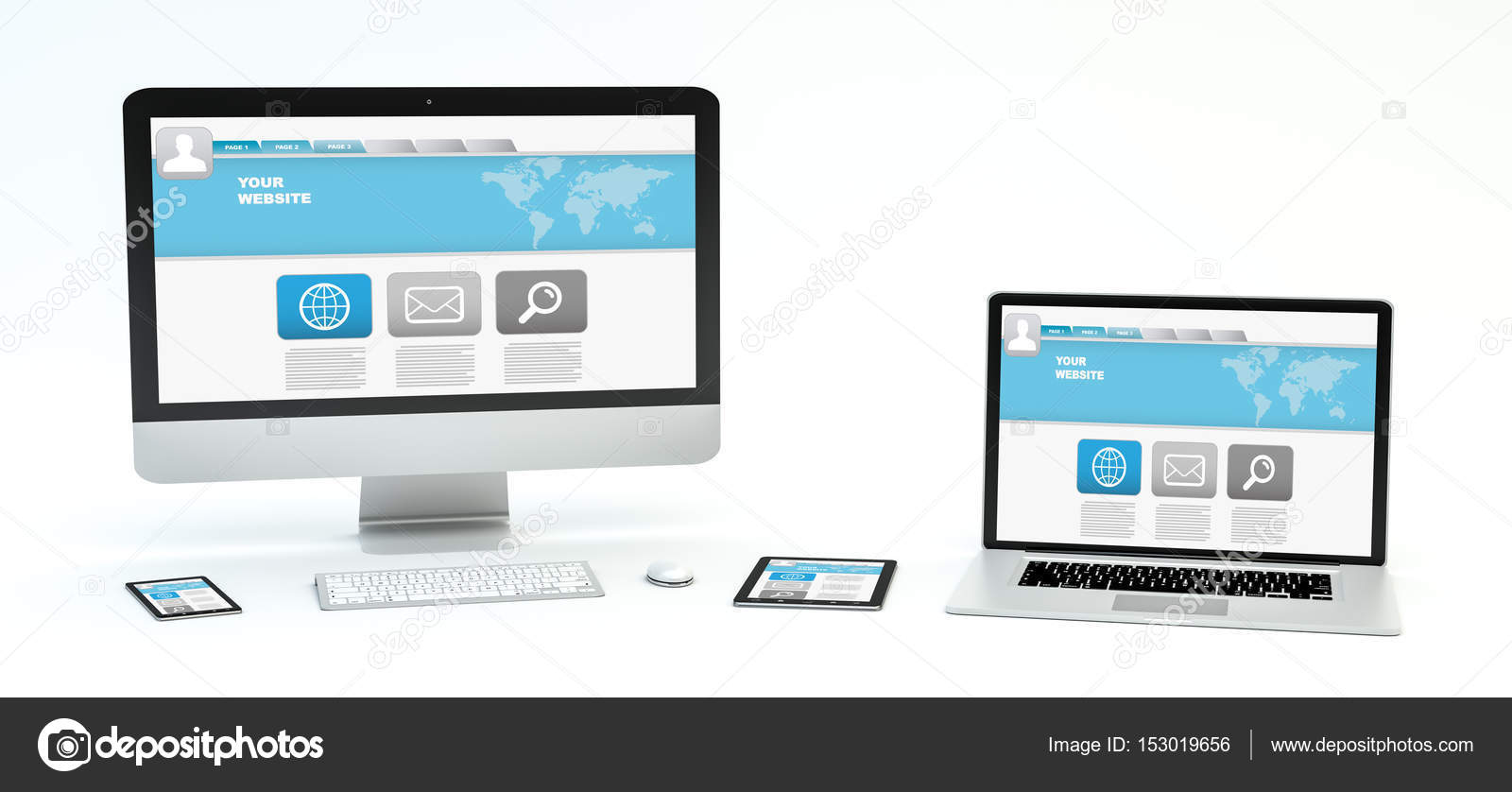 Modern computer laptop mobile phone and tablet 3D rendering — Stock ... Modern computer laptop mobile phone and tablet 3D rendering — Stock ...