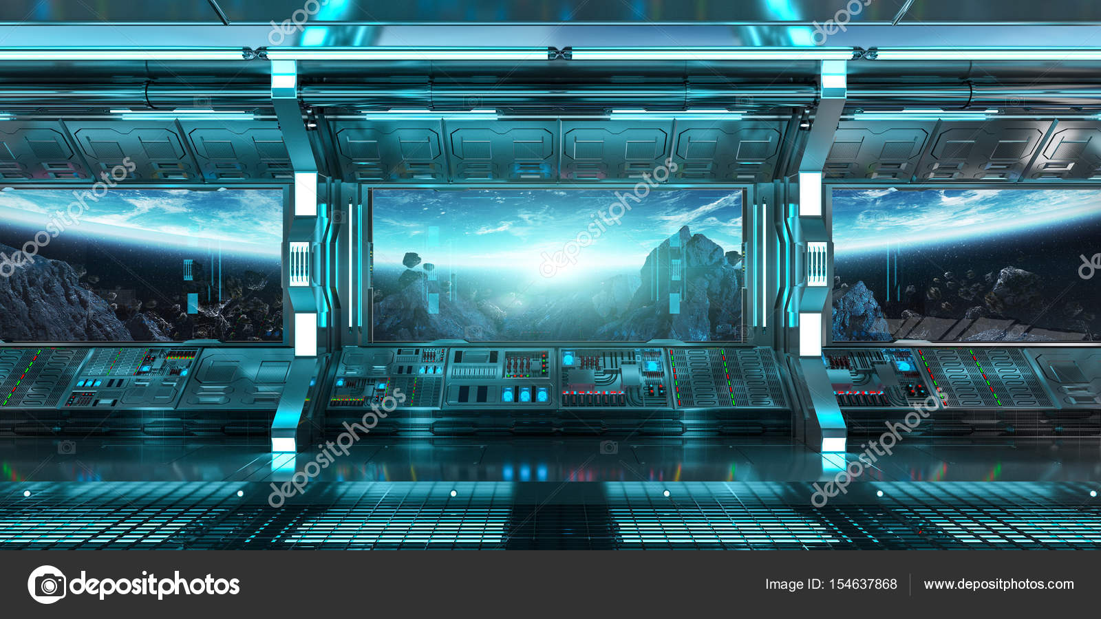 Spaceship interior with view on the planet Earth 3D rendering el Stock ...