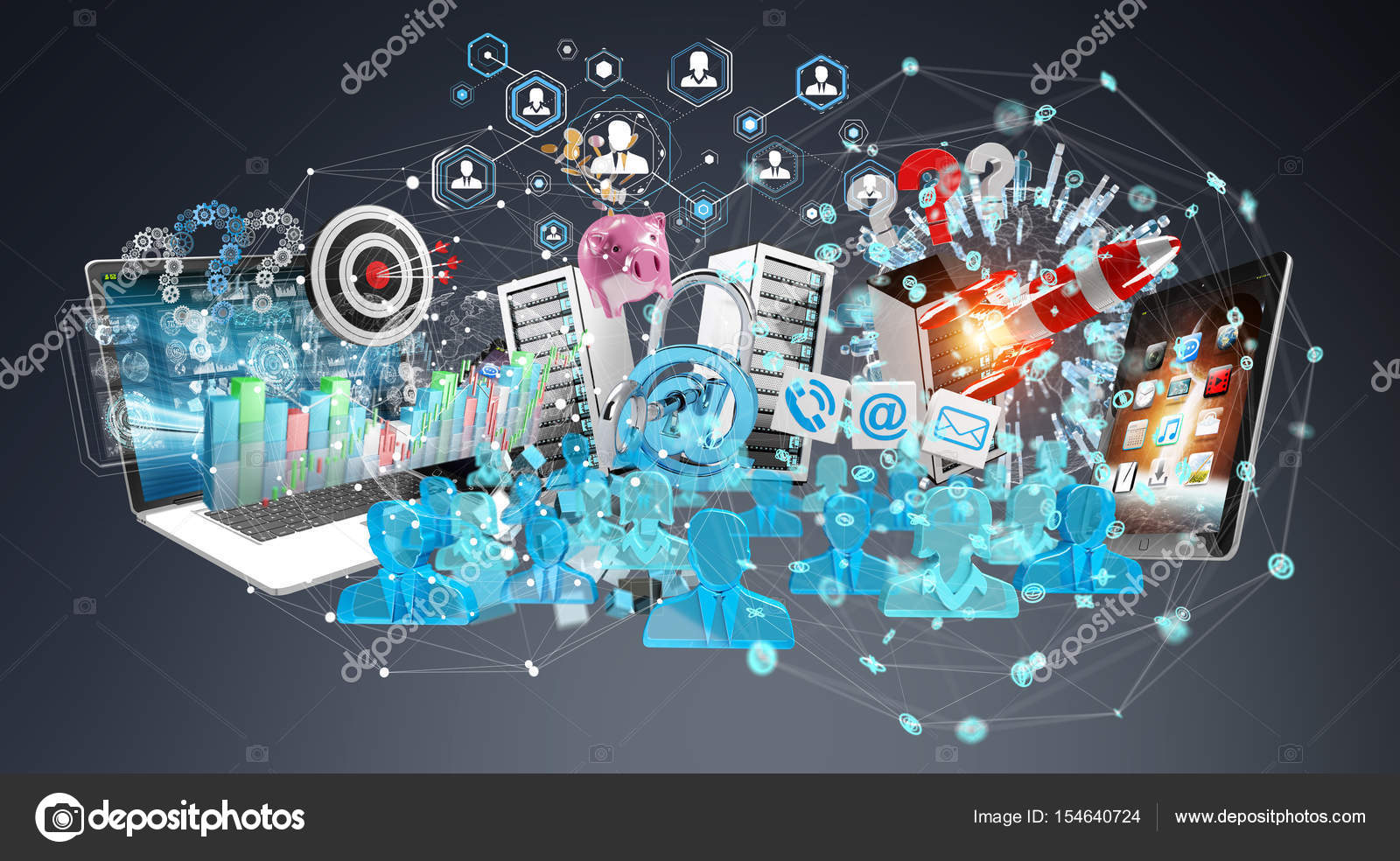 Devices and business objects connected together 3D rendering Stock ...